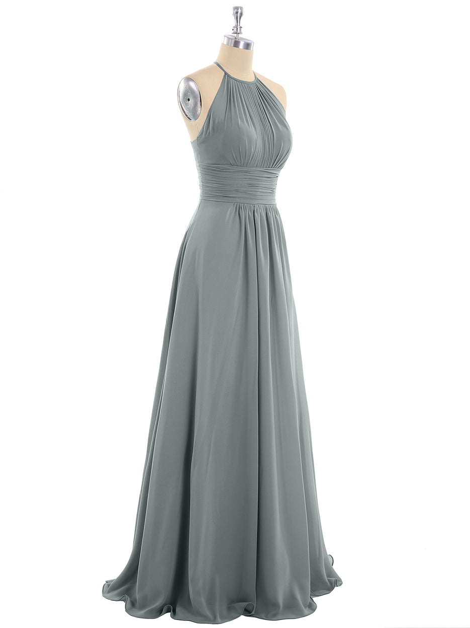 BABARONI Chiffon Steel Grey Bridesmaid Dresses Halter Floor-length ...