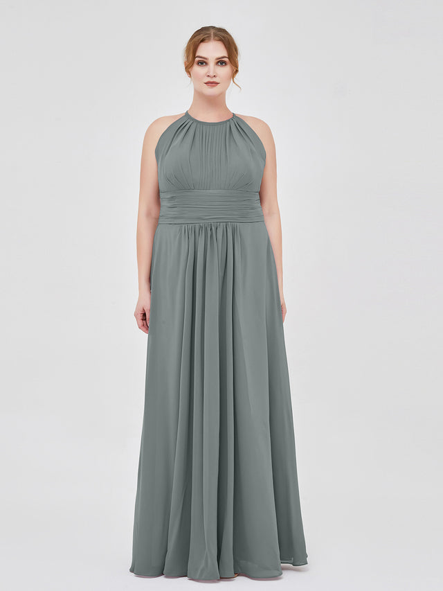 BABARONI Chiffon Steel Grey Bridesmaid Dresses Halter Floor-length ...