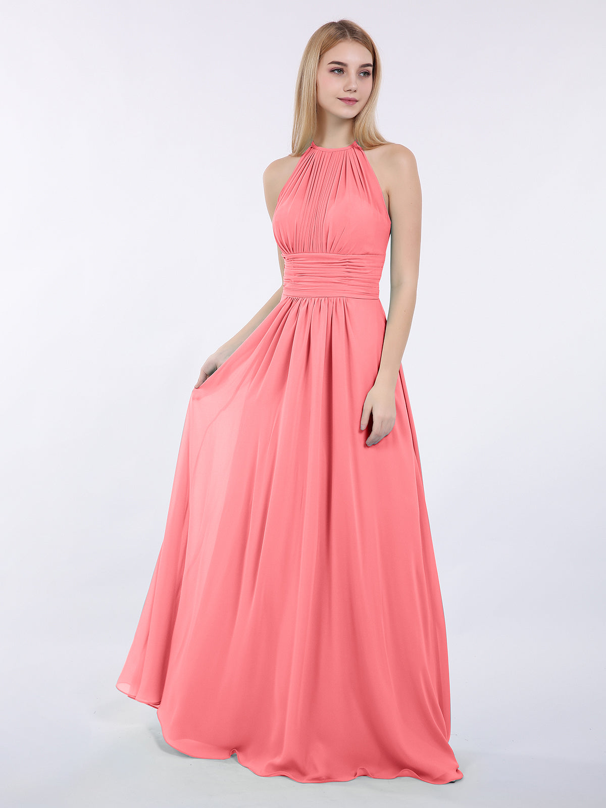 Halter Chiffon Maxi Dress of Bridesmaid Watermelon – BABARONI