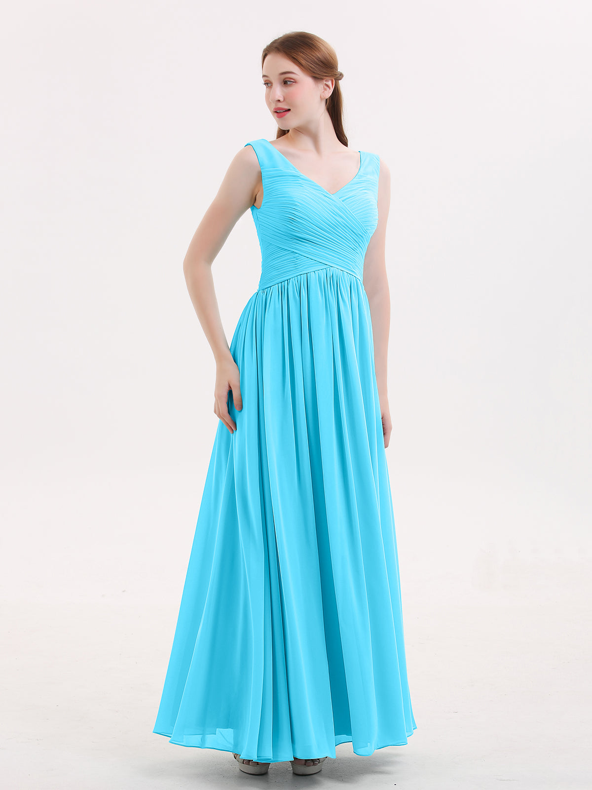 BABARONI Chiffon Pool Bridesmaid Dresses V-neck Floor-length Sleeveless ...