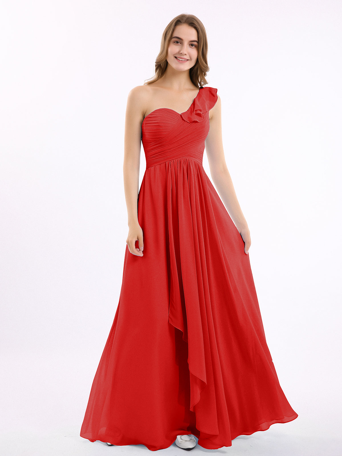 BABARONI Chiffon Red Bridesmaid Dresses One Shoulder Floor-length ...