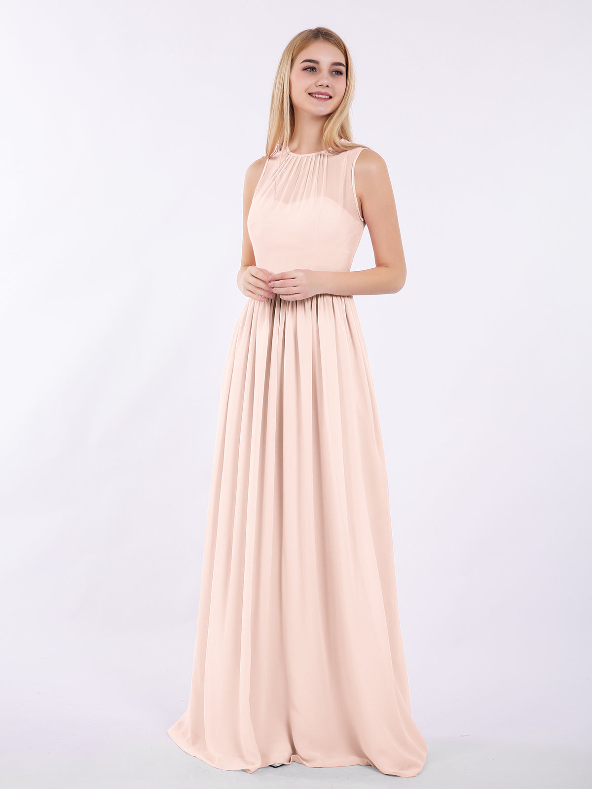 BABARONI Chiffon Pearl Pink Bridesmaid Dresses Illusion Floor-length ...