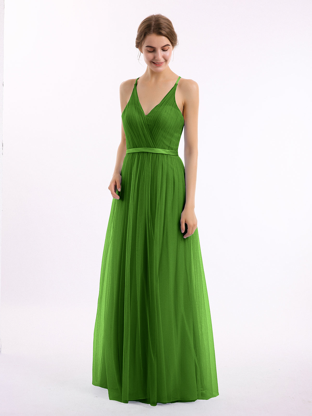 BABARONI Tulle Moss Bridesmaid Dresses V-neck Floor-length Backless ...
