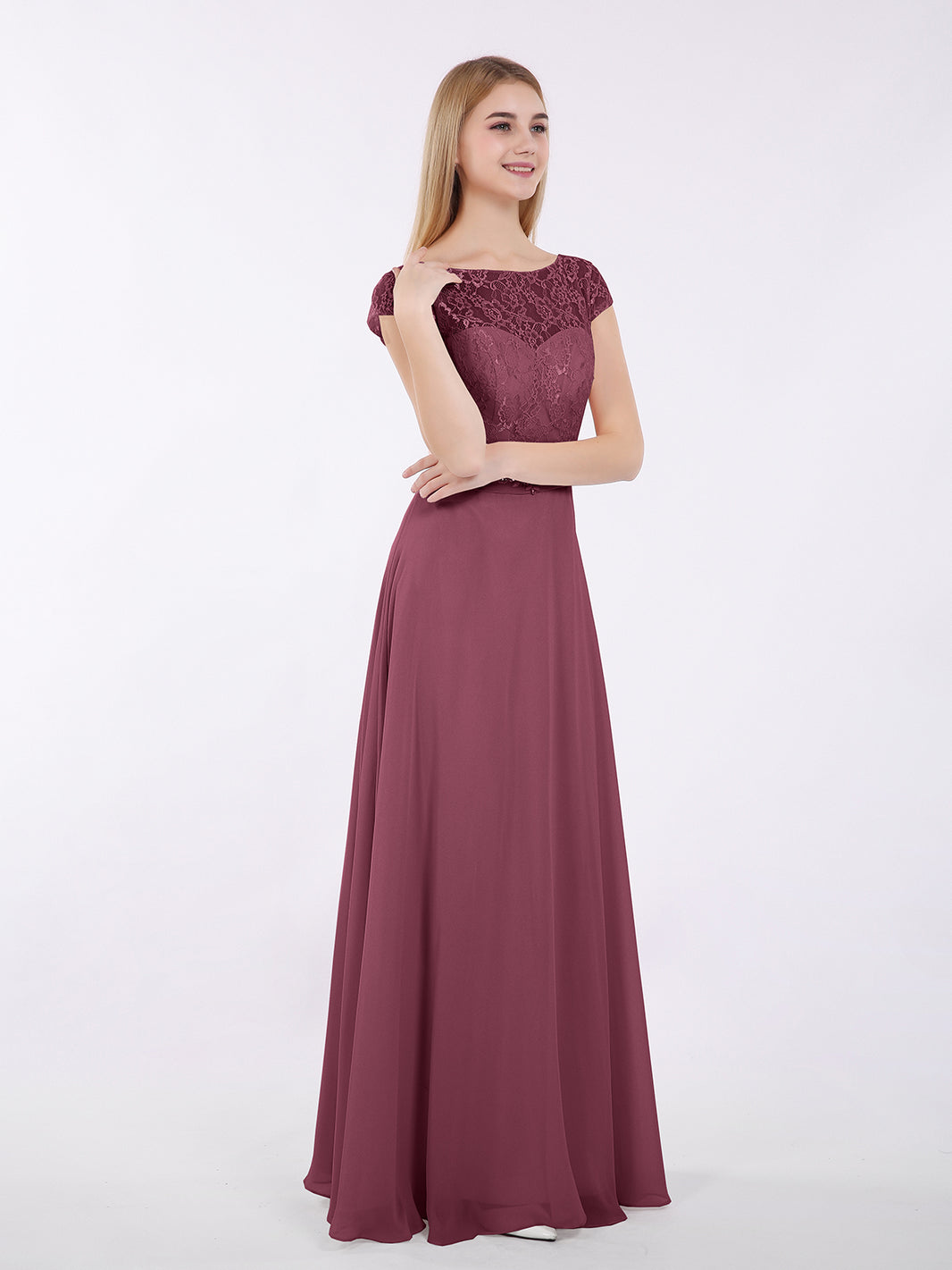 BABARONI Chiffon Mulberry Bridesmaid Dresses Bateau Floor-length Cap ...