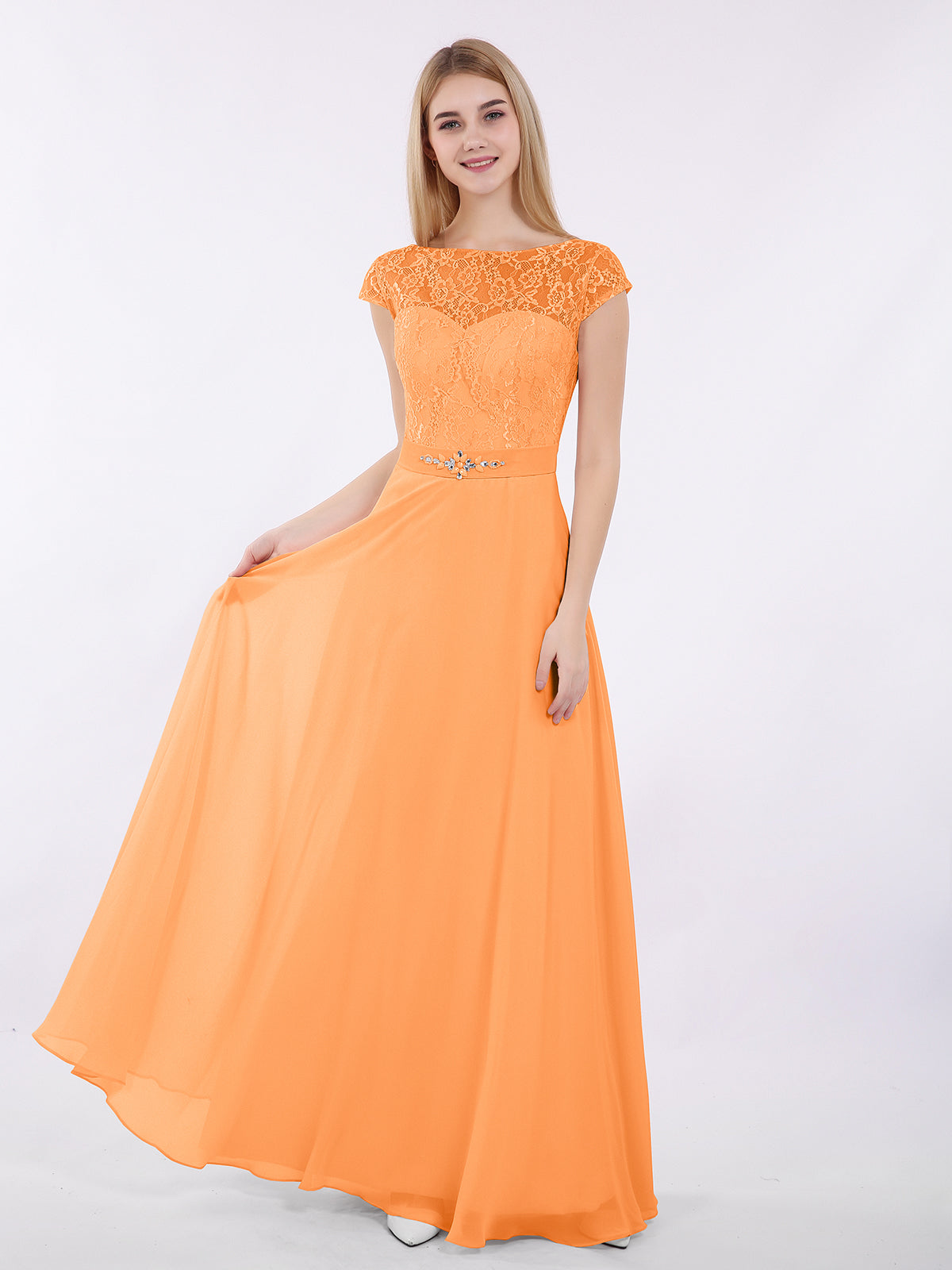 Cap Sleeves Chiffon Dress with Sash Orange – BABARONI