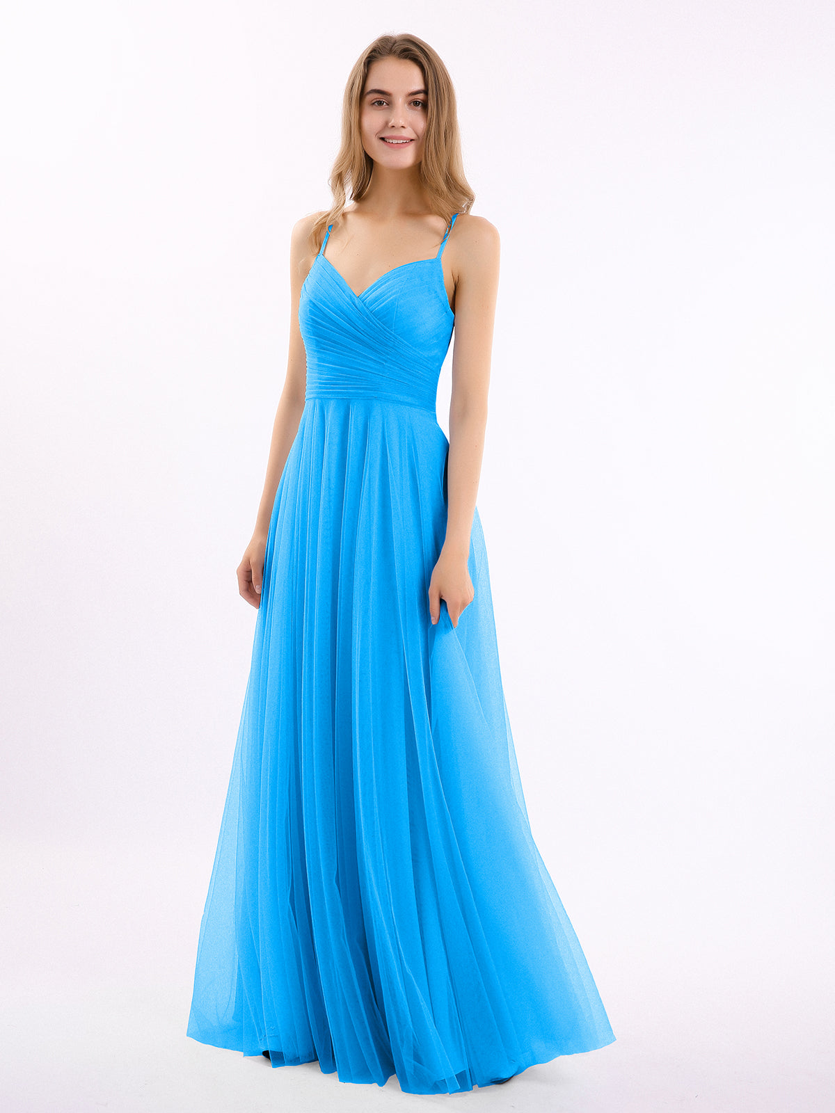 BABARONI Tulle Ocean Blue Bridesmaid Dresses V-neck Floor-length ...