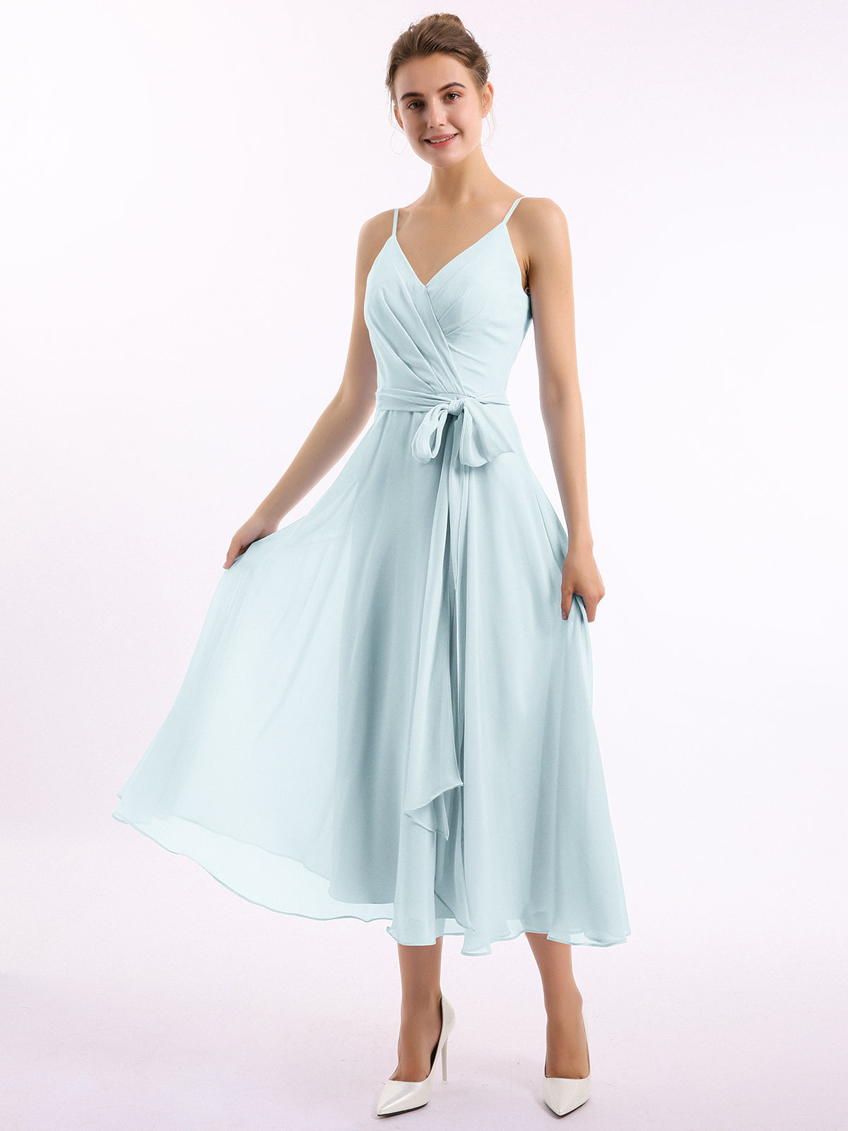 Spaghetti Strap T length Dress with Sash Bow Mist – BABARONI