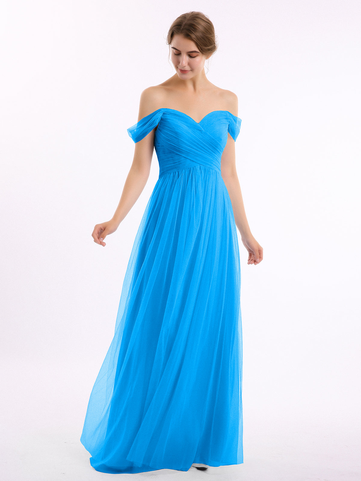 BABARONI Tulle Ocean Blue Bridesmaid Dresses Off-the-shoulder Floor ...