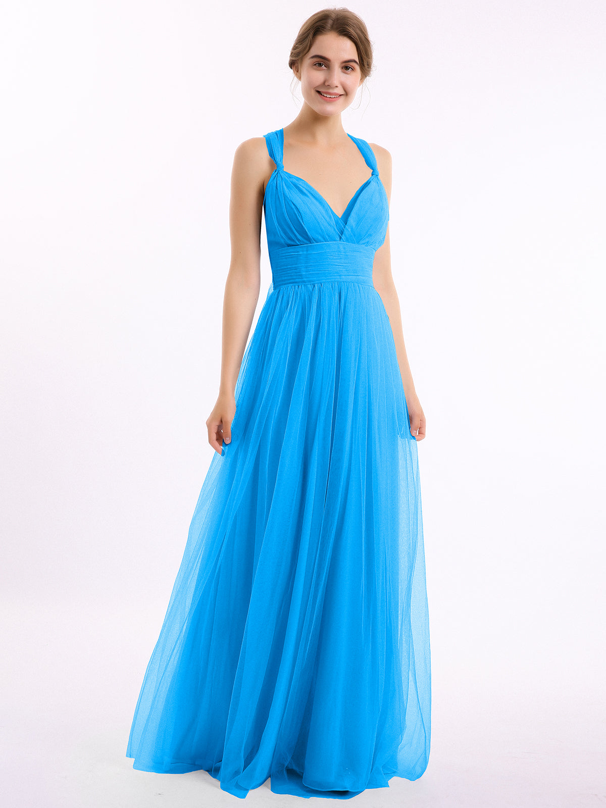 BABARONI Tulle Ocean Blue Bridesmaid Dresses V-neck Floor-length Criss ...