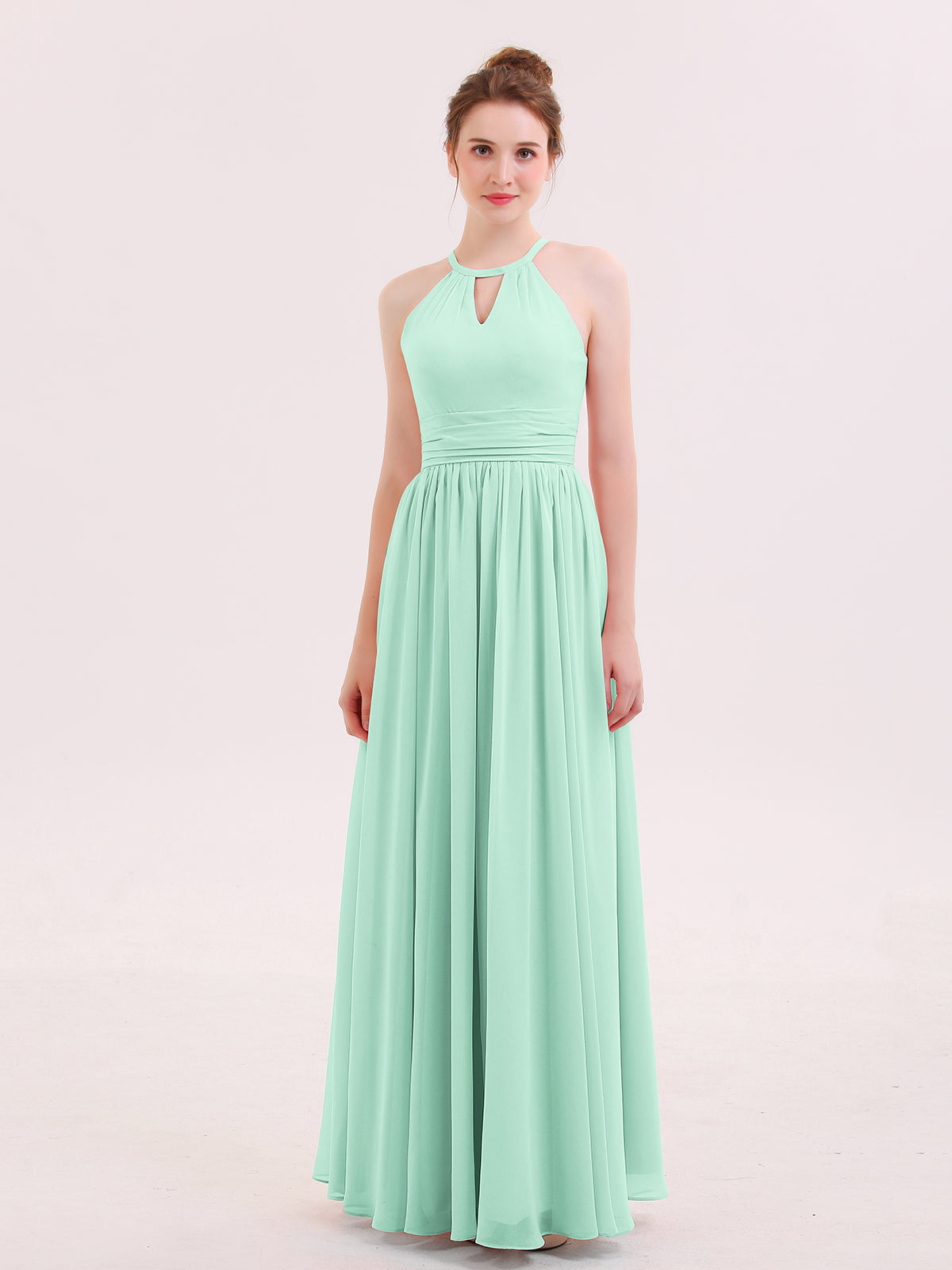 Halter Long Chiffon Dress of Bridesmaids Mint Green – BABARONI