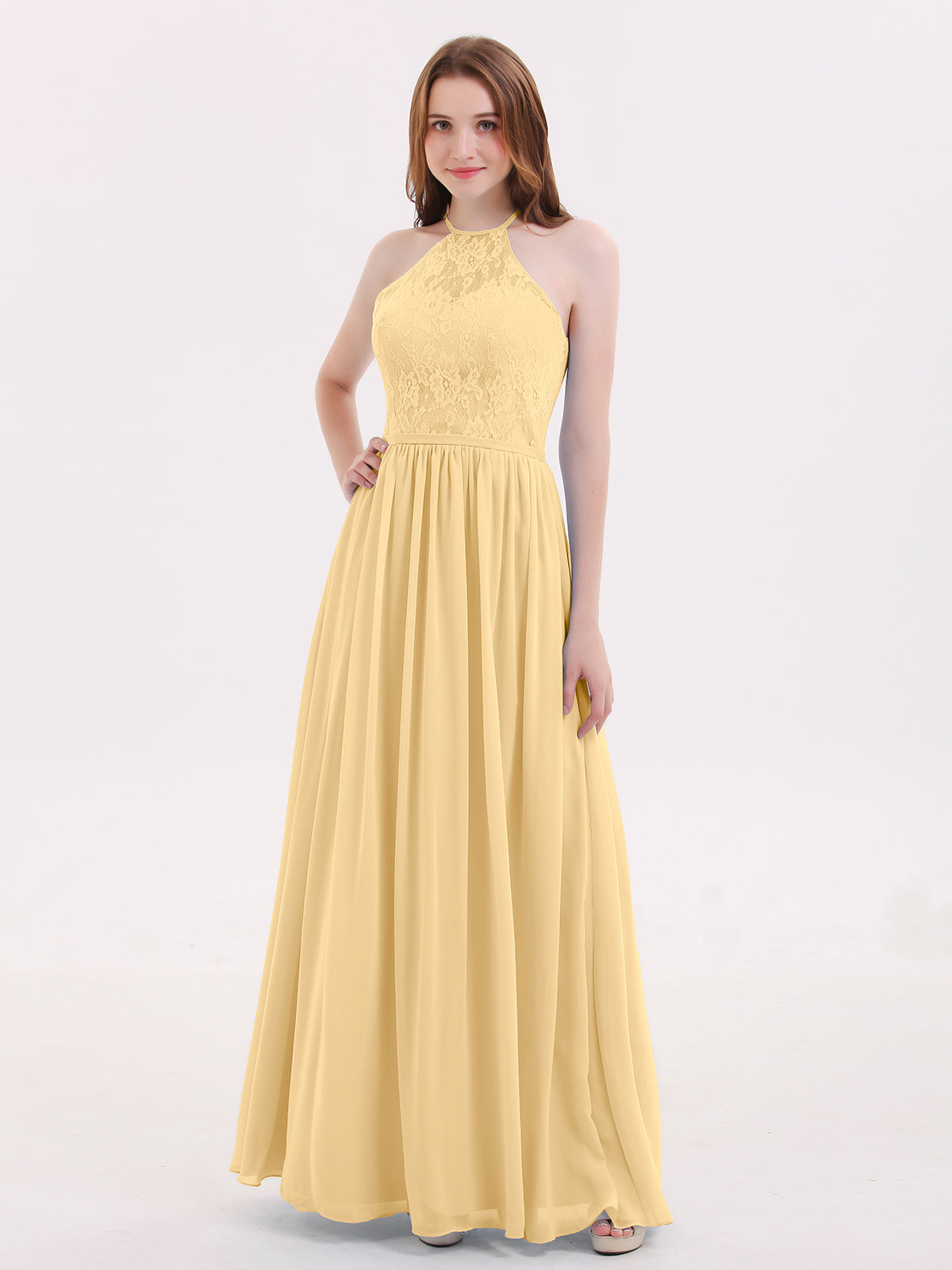 Chiffon Maxi Halter Dress with Lace Bodice-Gold – BABARONI