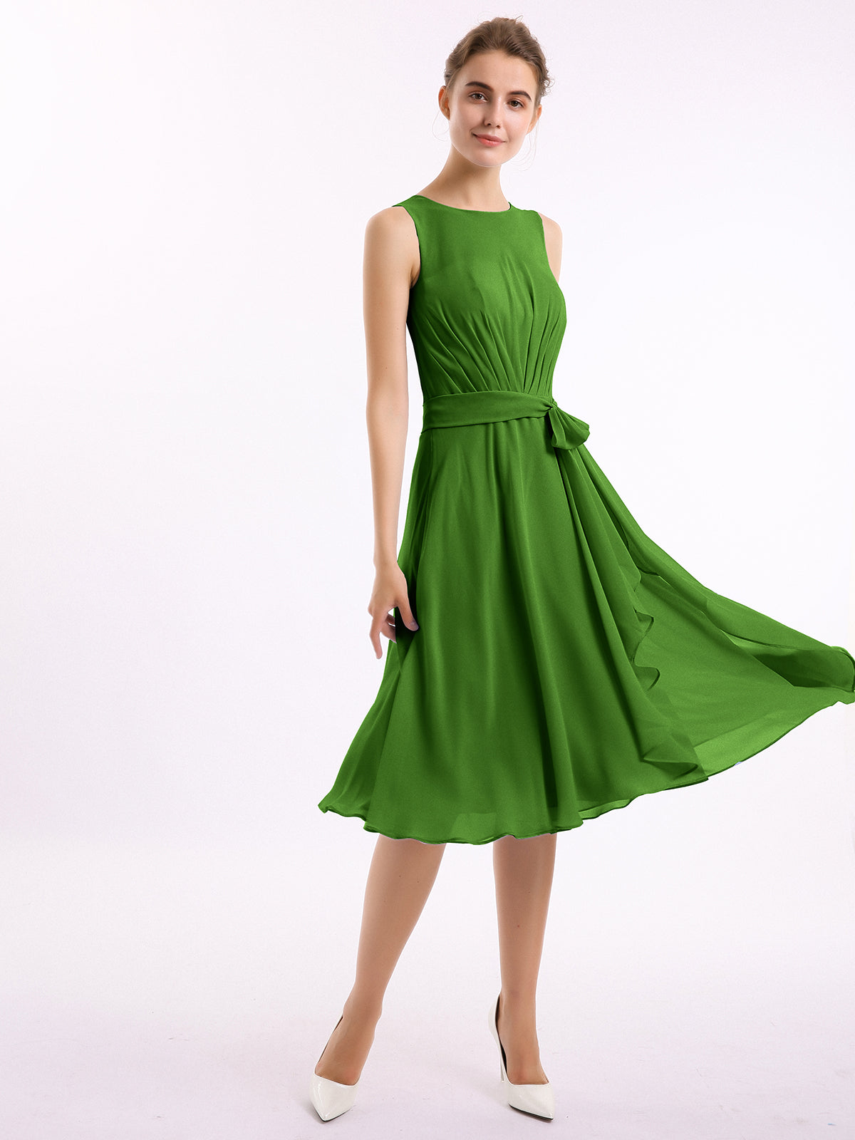 BABARONI Chiffon Moss Bridesmaid Dresses Scoop Knee-length Sleeveless ...