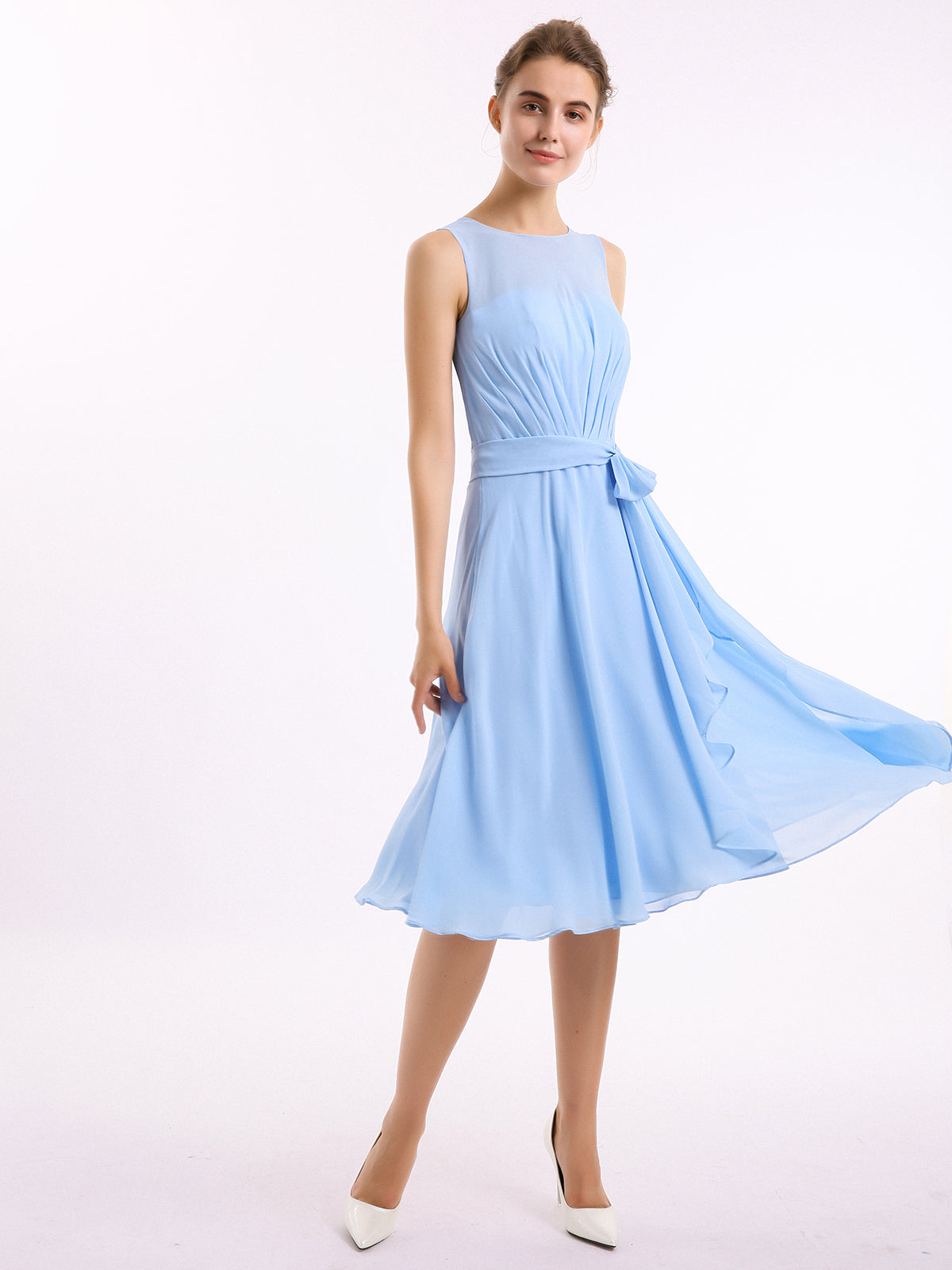 Scoop Neck Chiffon Short Dress with Sash Bow Sky Blue – BABARONI