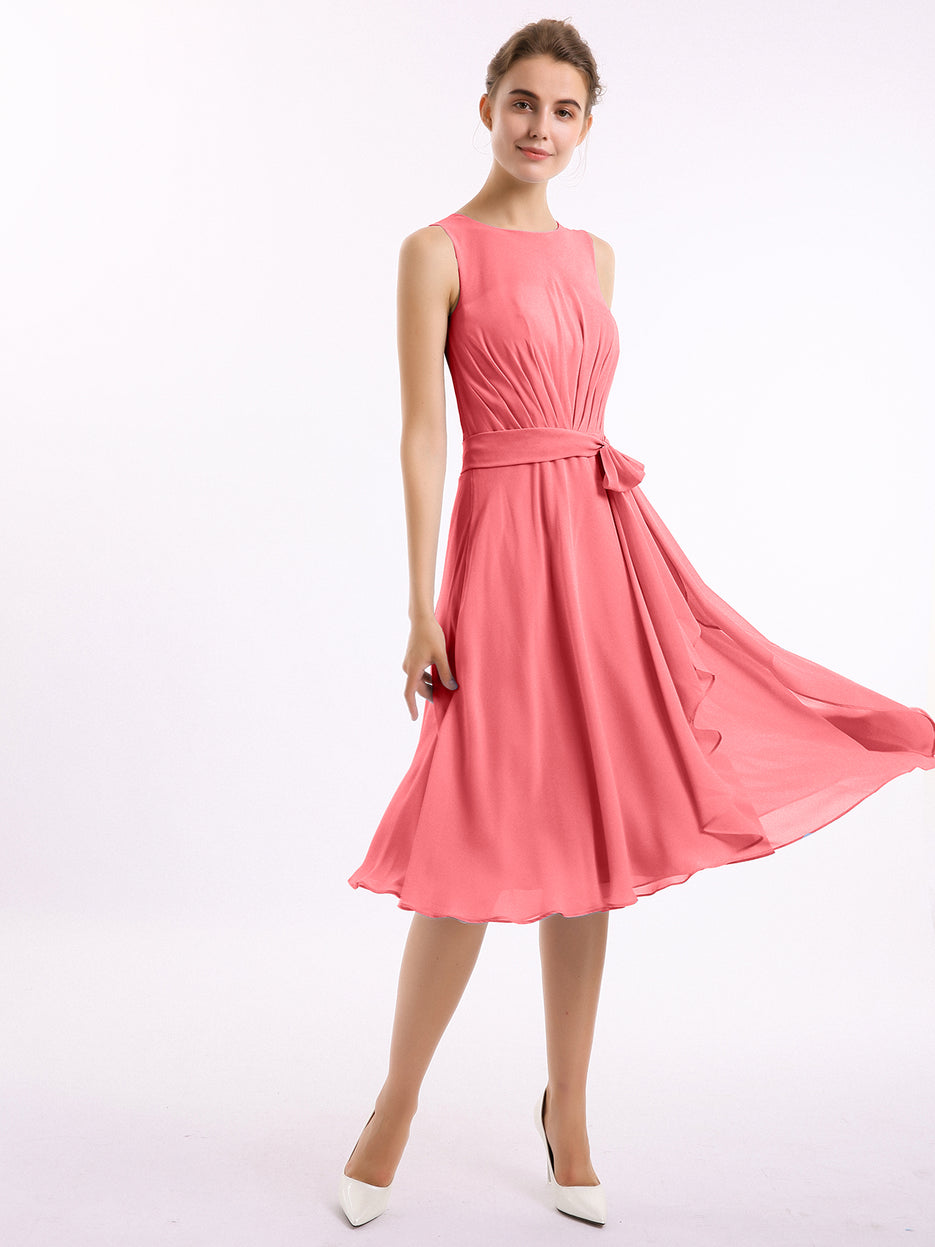 BABARONI Chiffon Watermelon Bridesmaid Dresses Scoop Knee-length ...