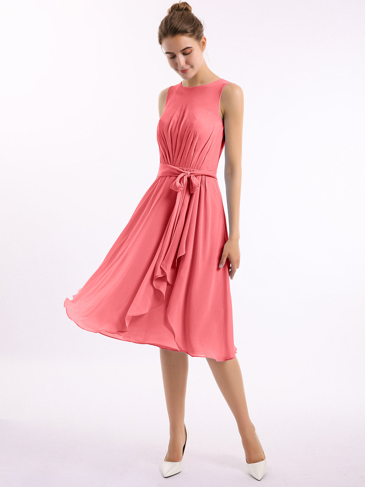BABARONI Chiffon Watermelon Bridesmaid Dresses Scoop Knee-length ...