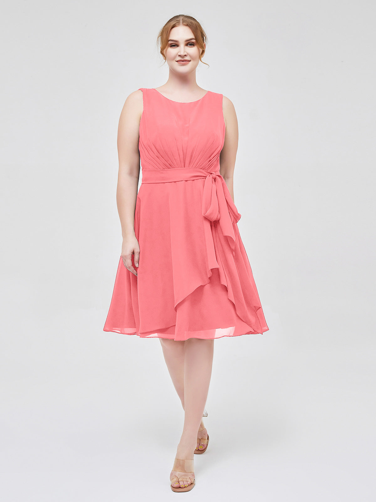 BABARONI Chiffon Watermelon Bridesmaid Dresses Scoop Knee-length ...
