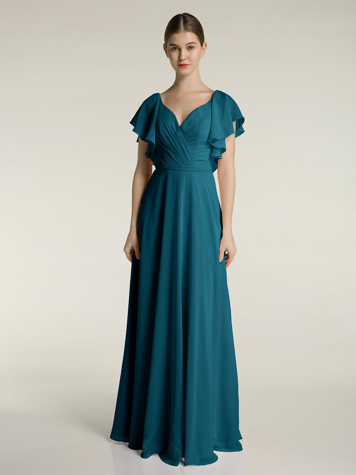 BABARONI Chiffon Ink Blue Bridesmaid Dresses V-neck Floor-length Cap ...