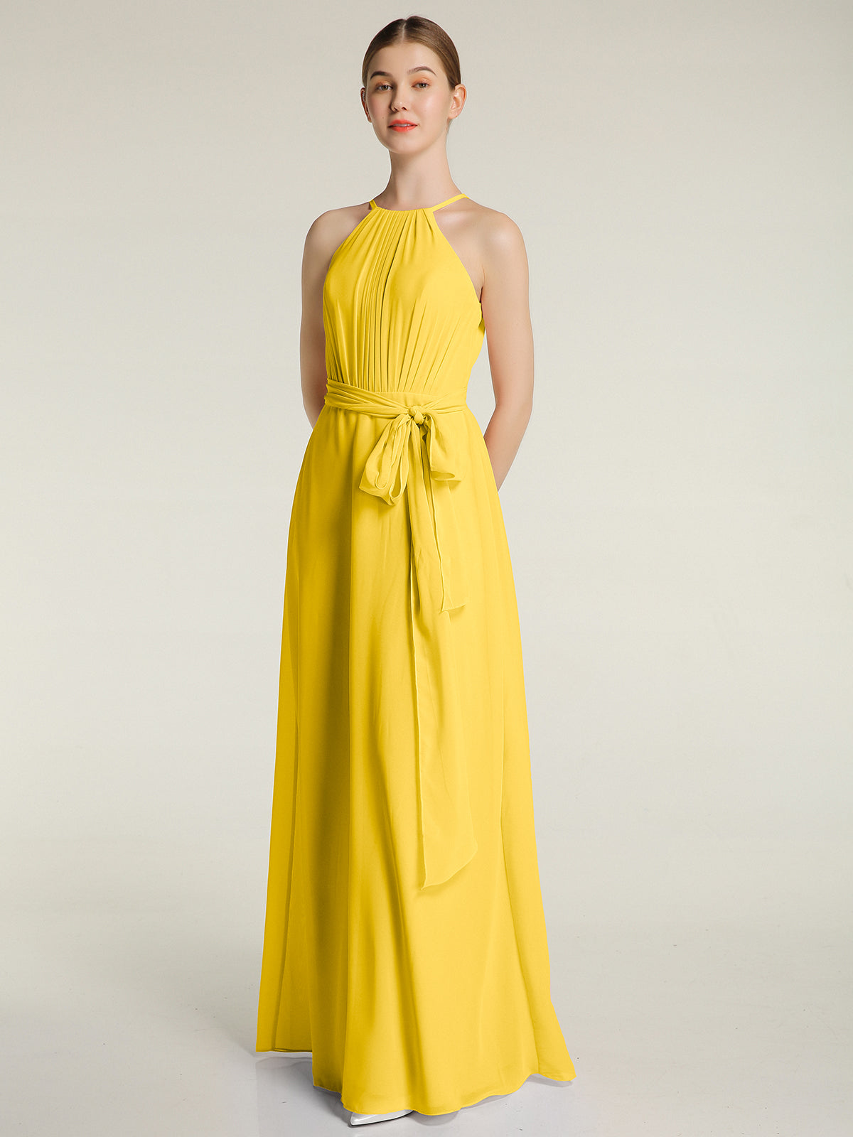 BABARONI Chiffon Marigold Bridesmaid Dresses Halter Floor-length ...