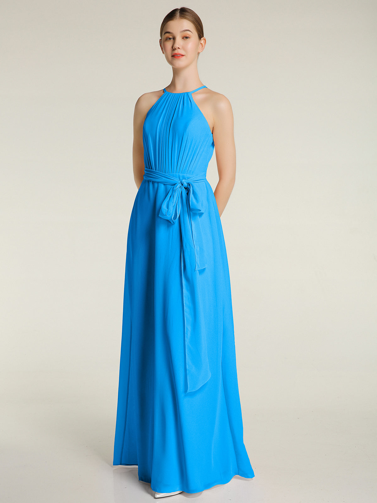 Full Length Chiffon Gowns Halter Neck with Bow-Ocean Blue Plus Size ...