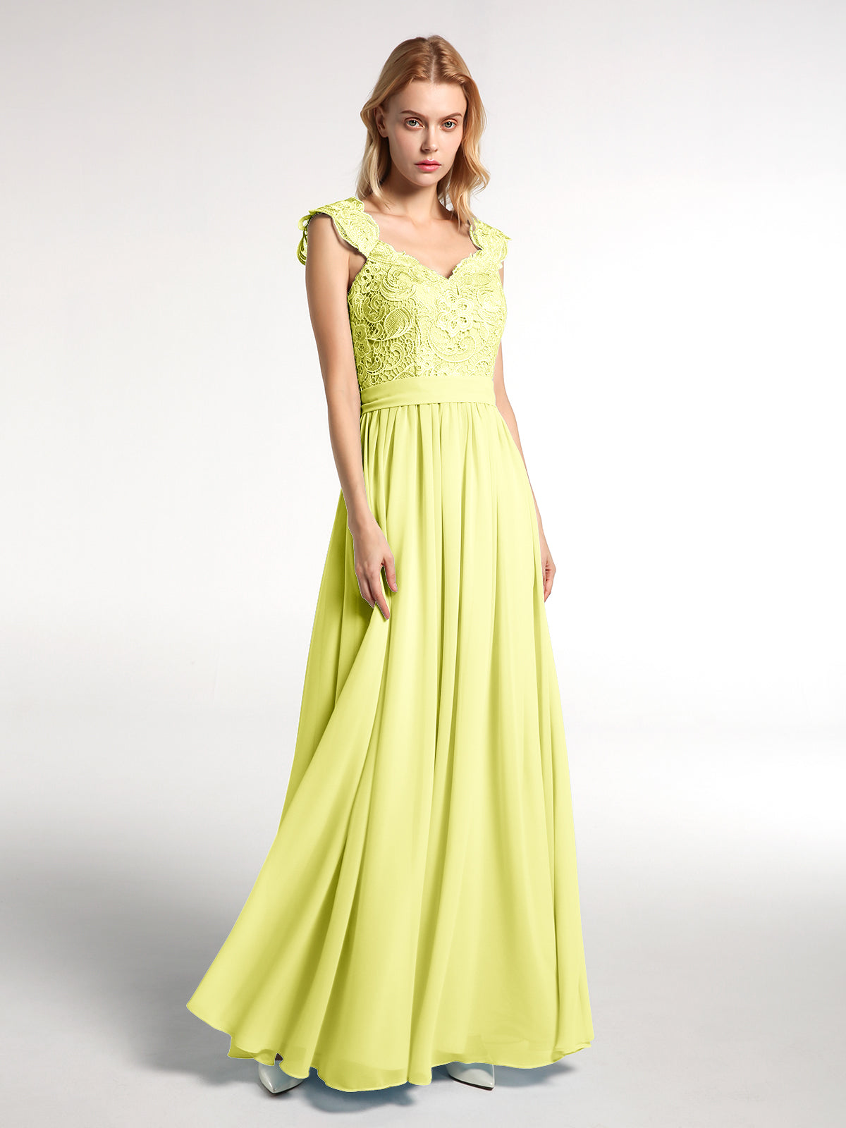 Long Chiffon Dress with Lace Appliqued Bodice-Daffodil – BABARONI
