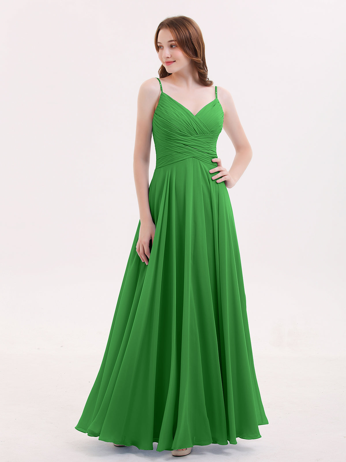Spaghetti Strap Chiffon Dress with V Neck-Green – BABARONI