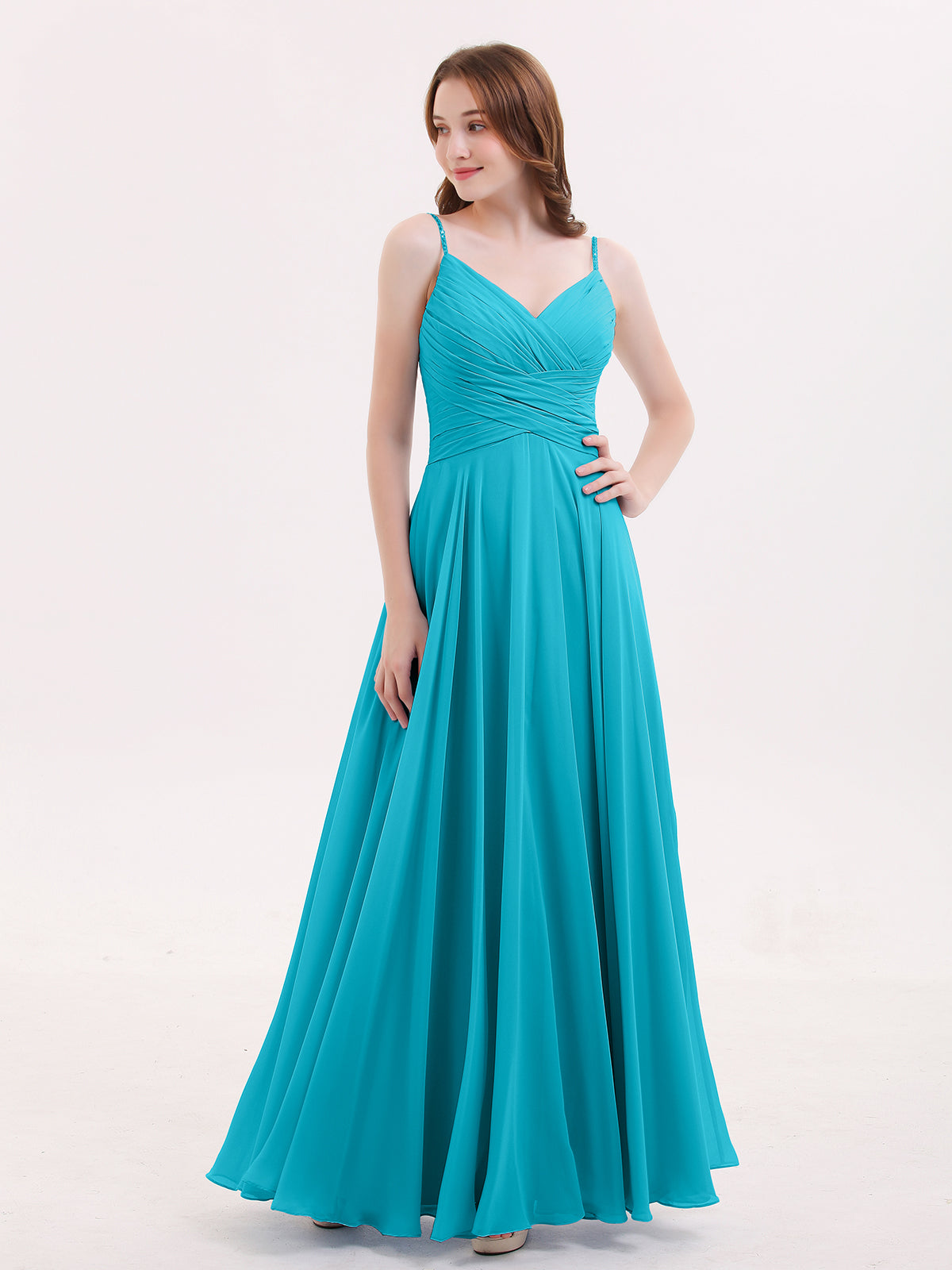 BABARONI Chiffon Jade Bridesmaid Dresses V-neck Floor-length Spaghetti ...