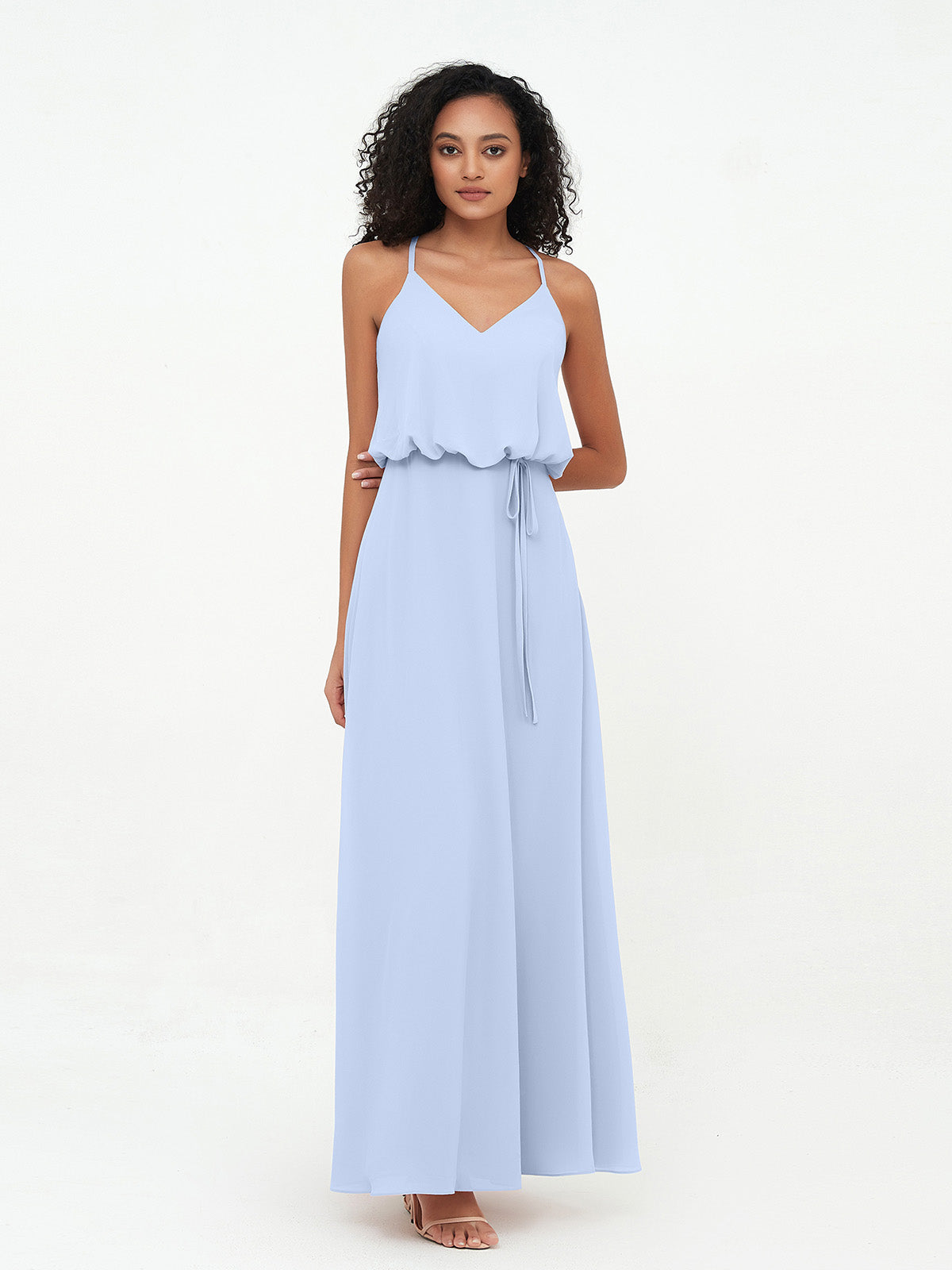 BABARONI Chiffon Sky Blue Bridesmaid Dresses V-neck Floor-length ...
