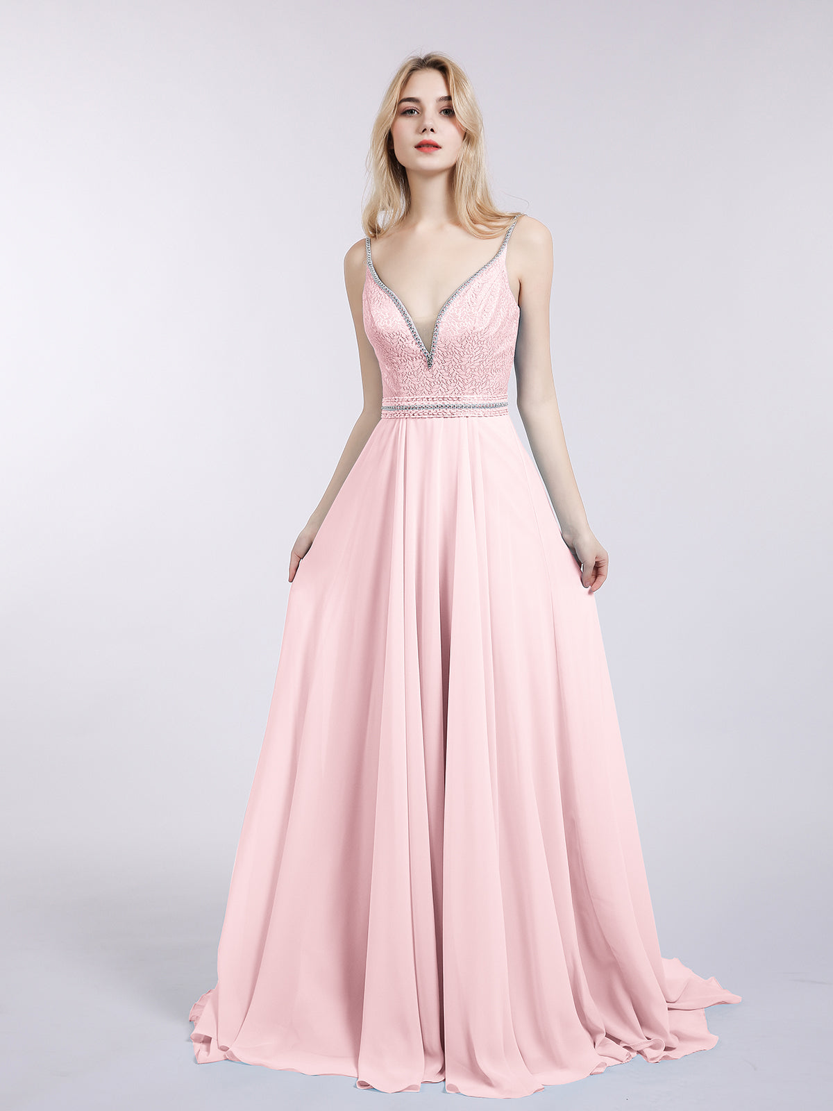 Spaghetti Strap Lace and Chiffon Gown-Blushing Pink – BABARONI