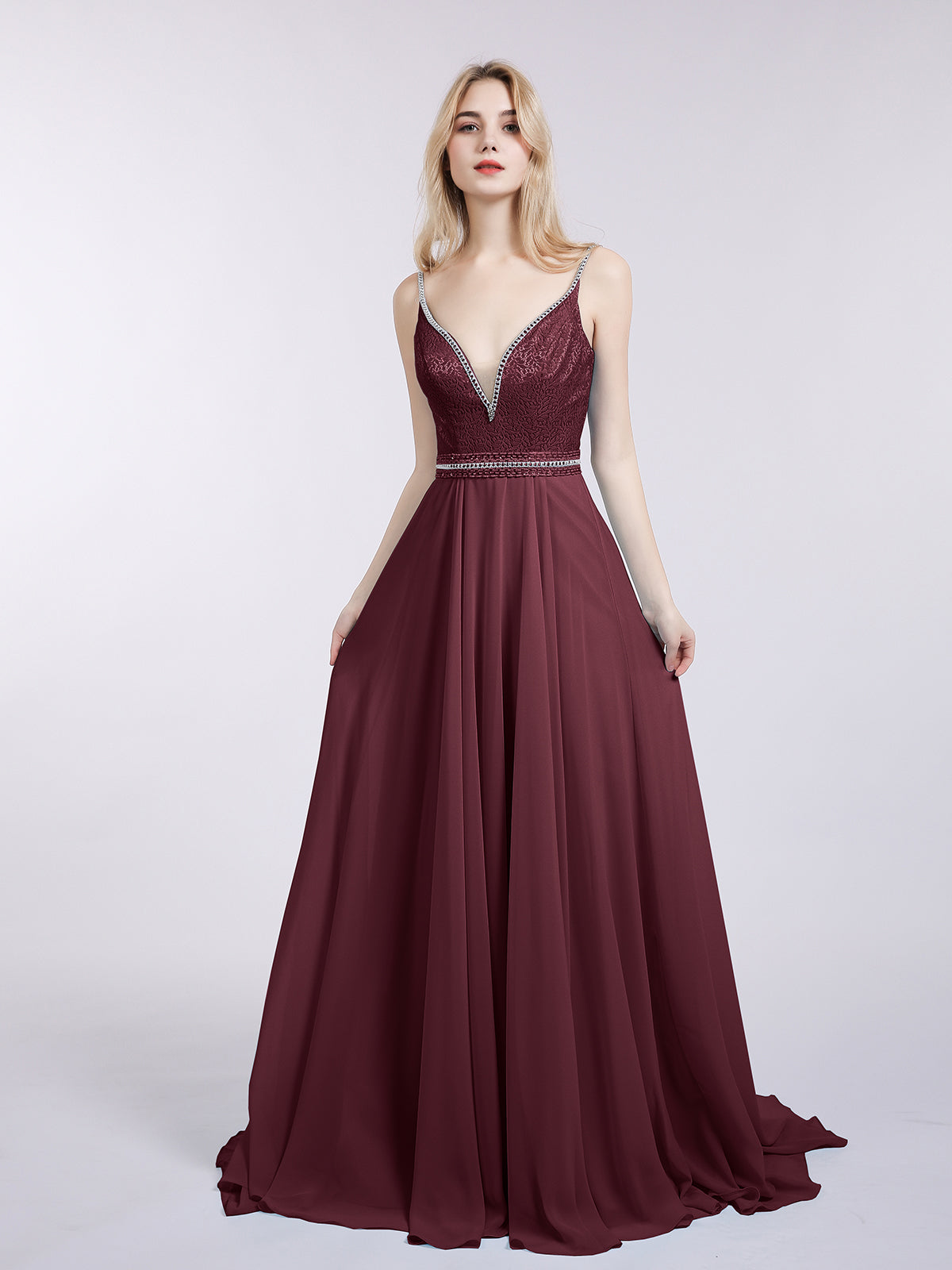 BABARONI Chiffon Cabernet Bridesmaid Dresses V-neck Sweep/Brush Train ...