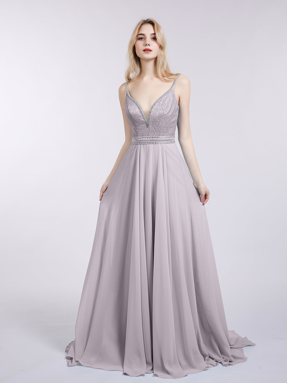 BABARONI Chiffon Dusk Bridesmaid Dresses V-neck Sweep/Brush Train ...