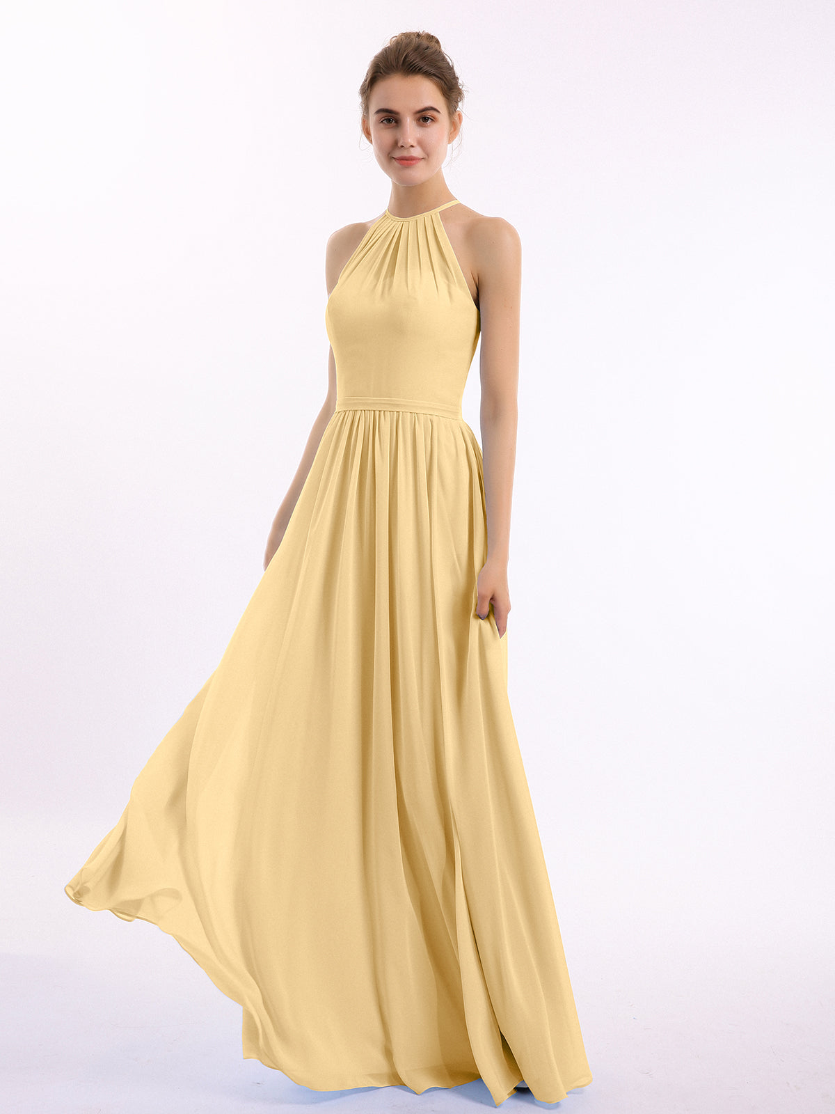 Halter Long Chiffon Gowns with Double Straps-Gold Plus Size – BABARONI