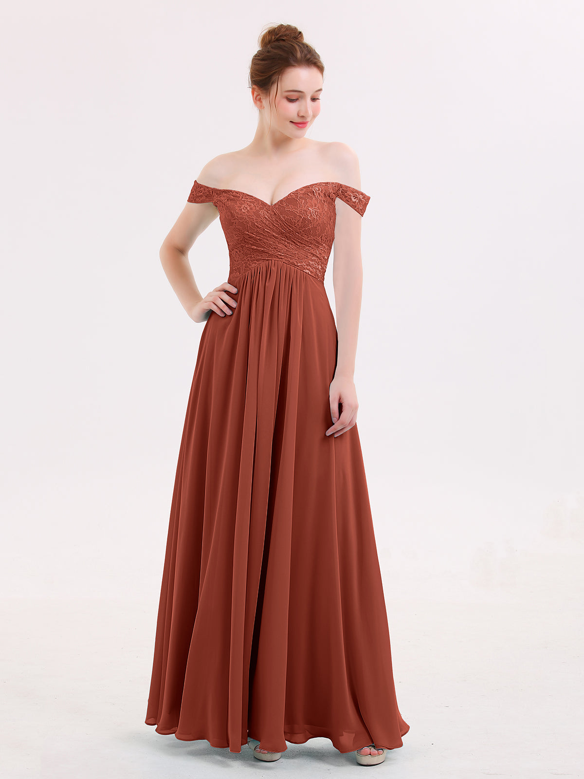 Off Shoulder Chiffon And Lace Empire Dress-Rust Plus Size – BABARONI