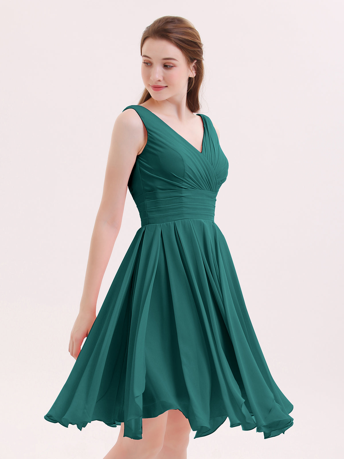 Short Chiffon Dress with V Neckline Peacock – BABARONI