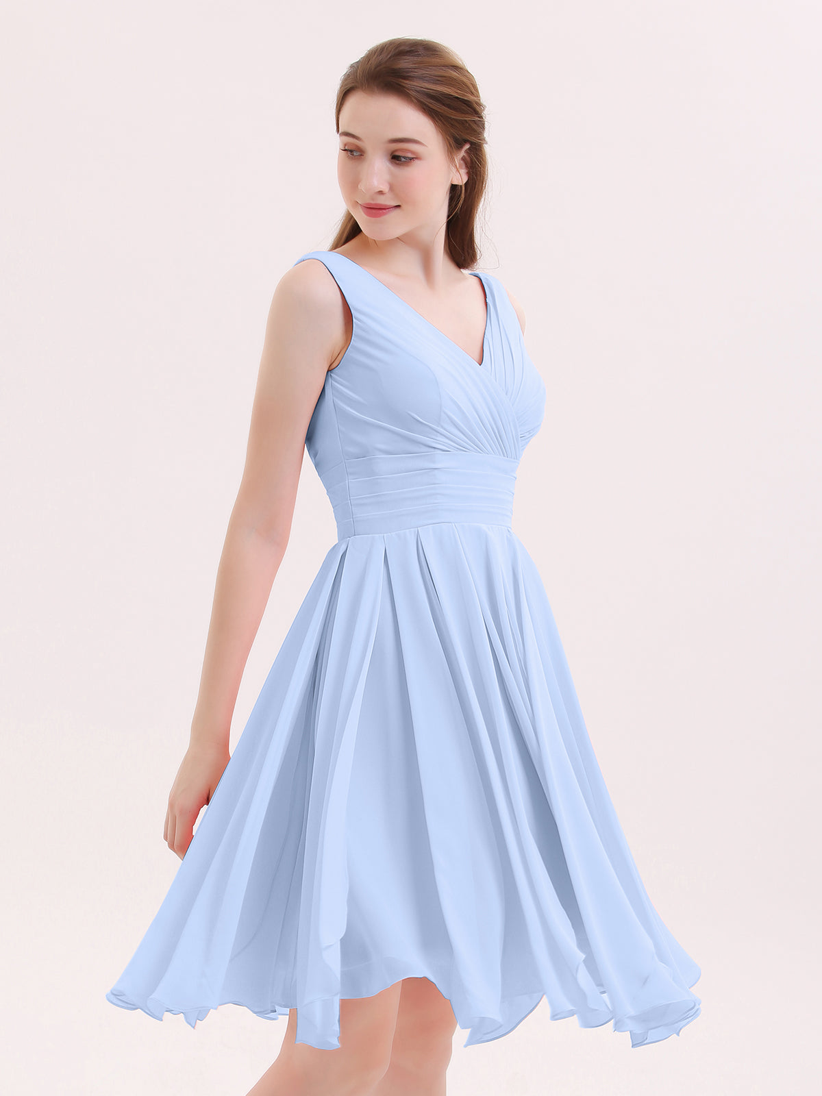 BABARONI Chiffon Sky Blue Bridesmaid Dresses V-neck Knee-length ...