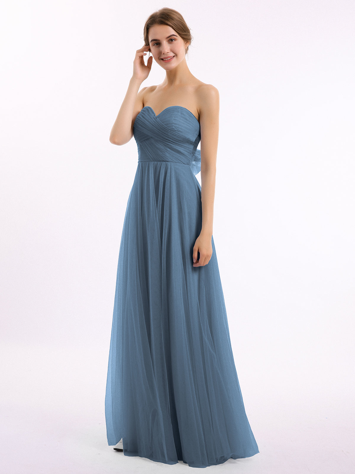 Sweetheart Strapless Neck Tulle Dresses with Bow-Slate Blue Plus Size ...
