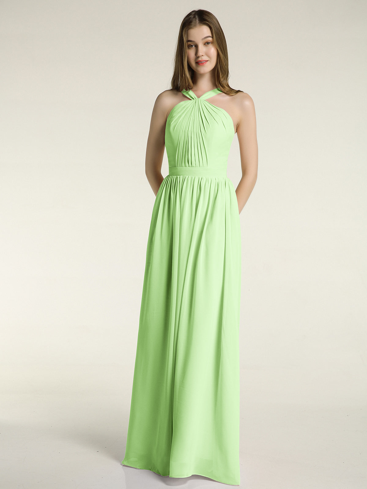 Y-neck Long Chiffon Bridesmaid Dresses-Sage – BABARONI