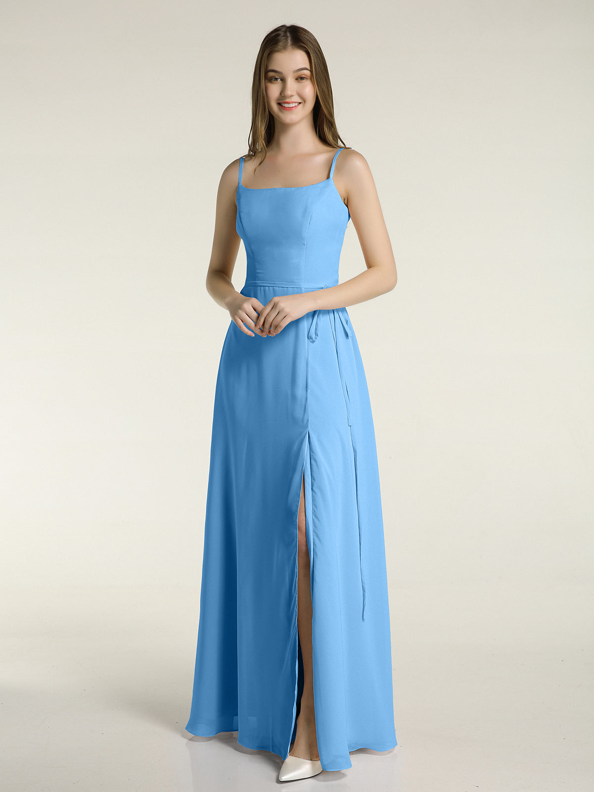 BABARONI Chiffon Blue Bridesmaid Dresses Square Floor-length Spaghetti ...