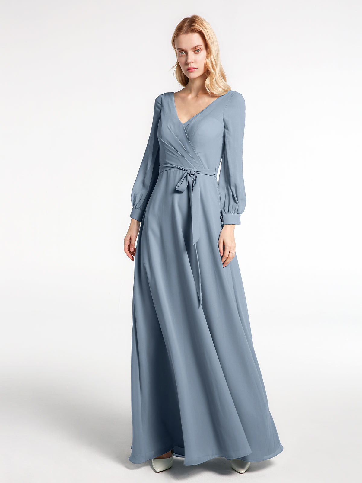 V-neck Bishop Sleeves Chiffon Dress with Bow-Dusty Blue Plus Size ...