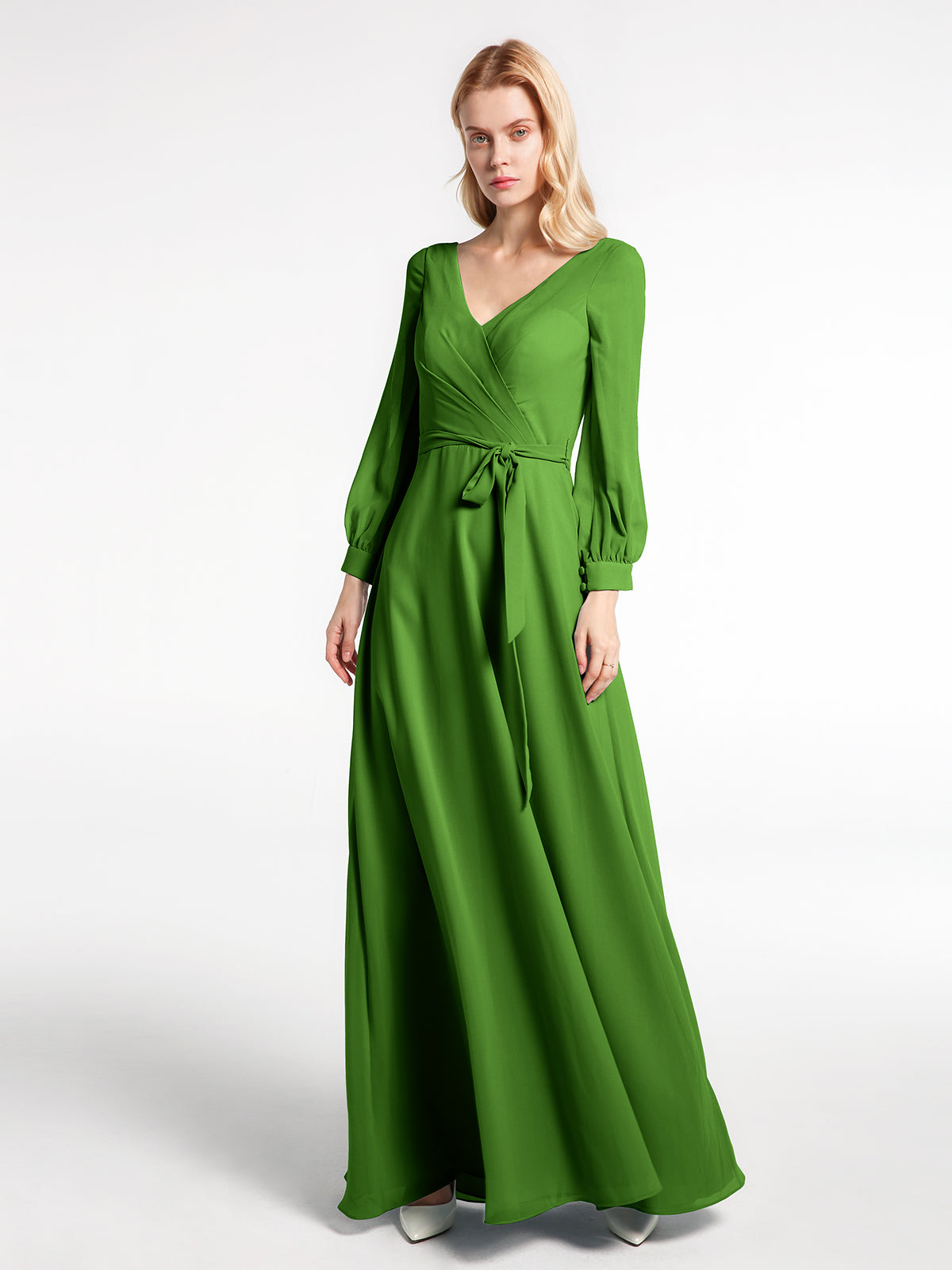 V-neck Bishop Sleeves Chiffon Dress with Bow-Moss – BABARONI