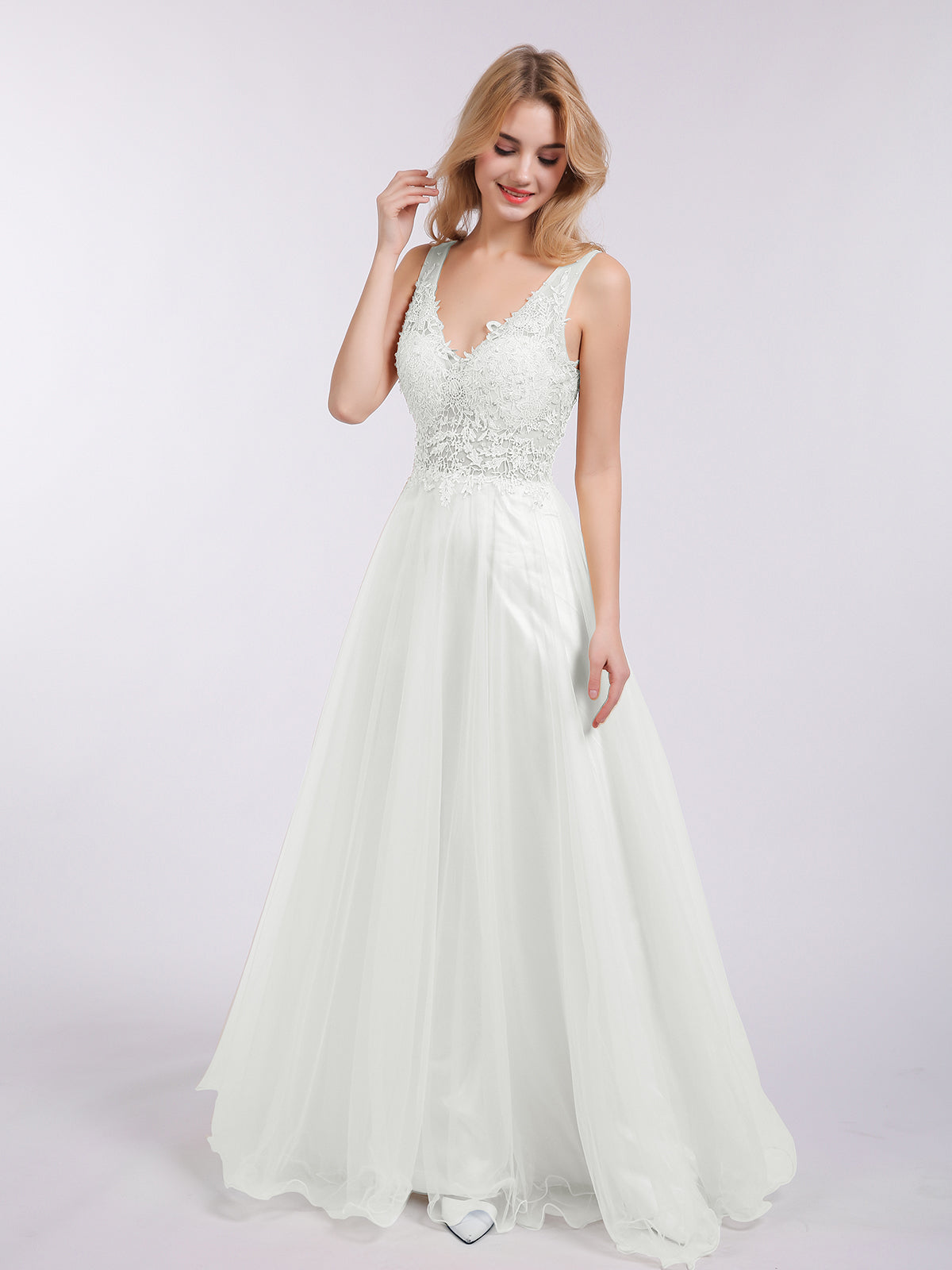 BABARONI Tulle Ivory Bridesmaid Dresses V-neck Floor-length Backless ...