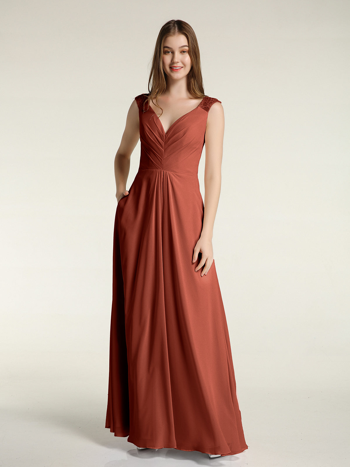 Lace Straps V-neck Chiffon Dresses with Pockets-Rust Plus Size – BABARONI