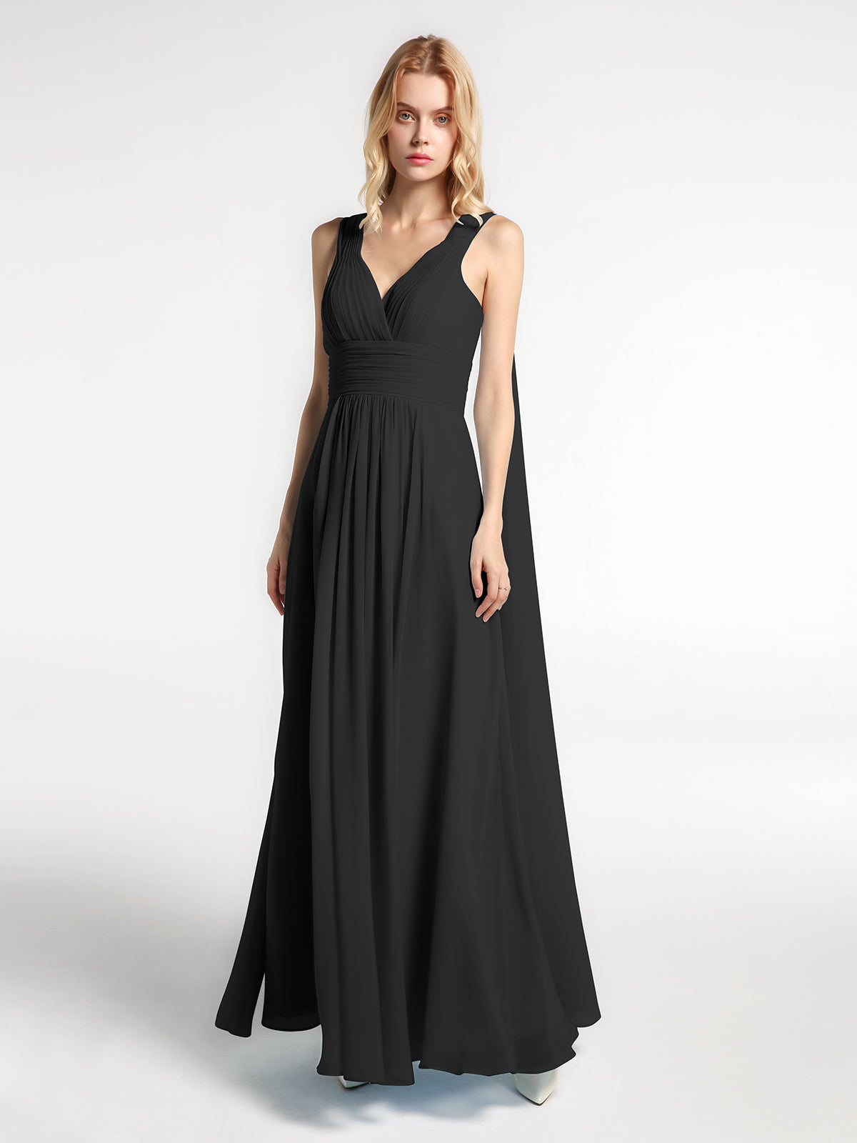 V-neck Chiffon Gown with Streamer at Back Strap-Black Plus Size – BABARONI