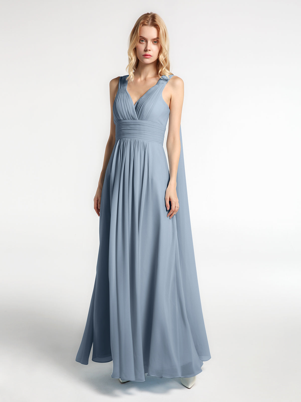 V-neck Chiffon Gown with Streamer at Back Strap-Dusty Blue Plus Size ...