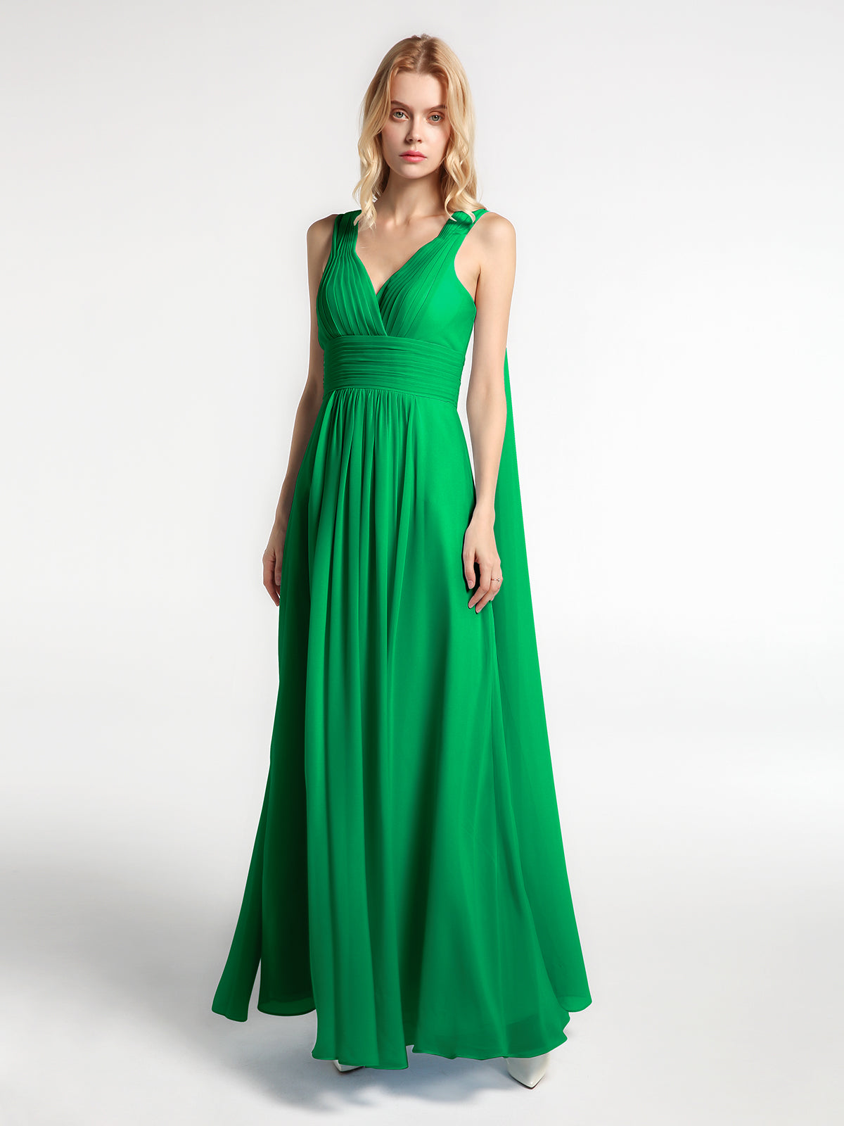 V-neck Chiffon Gown with Streamer at Back Strap-Emerald – BABARONI