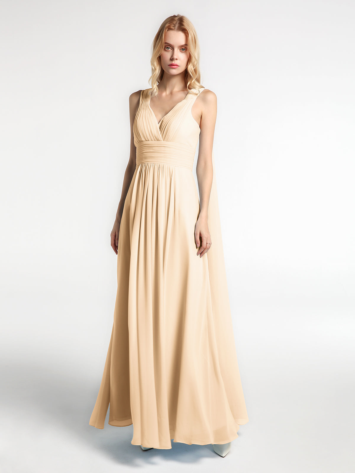 BABARONI Chiffon Peach Bridesmaid Dresses V-neck Floor-length ...