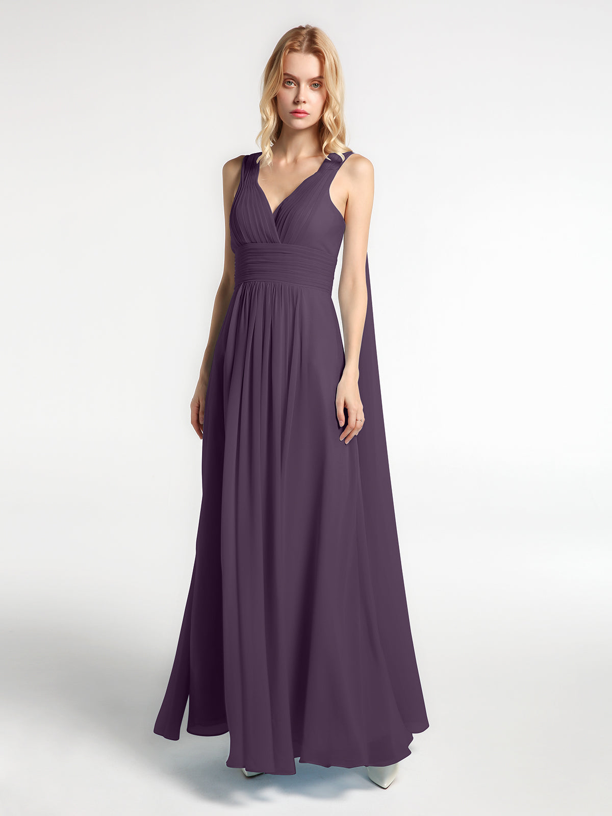 V-neck Chiffon Gown with Streamer at Back Strap-Plum-Michelle | BABARONI