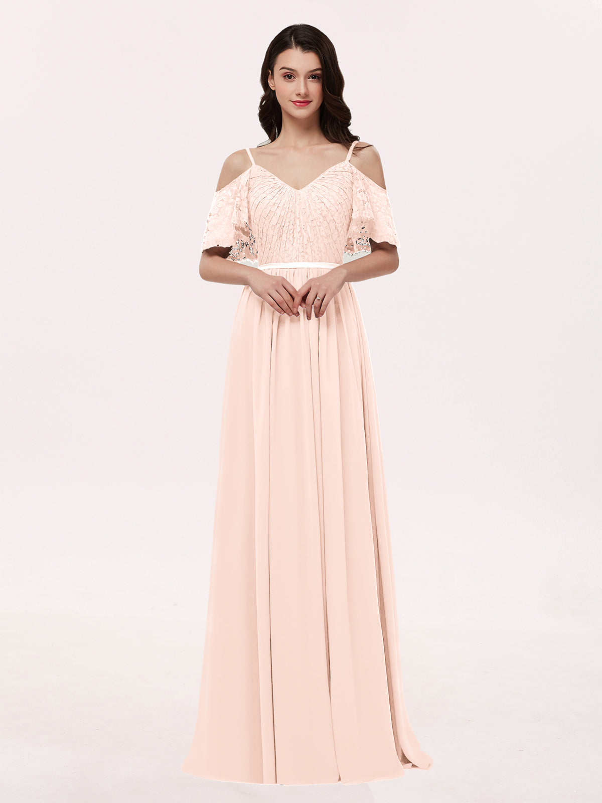Miranda Spaghetti Strap Lace and Chiffon Dress Pearl Pink | BABARONI