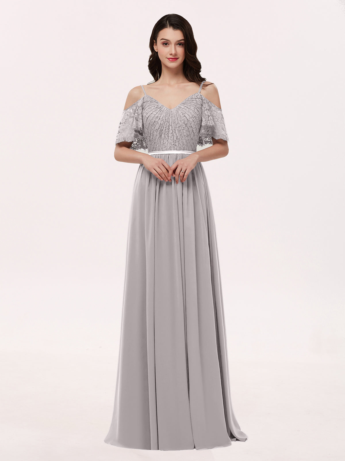 Spaghetti Strap Lace and Chiffon Dress Silver – BABARONI
