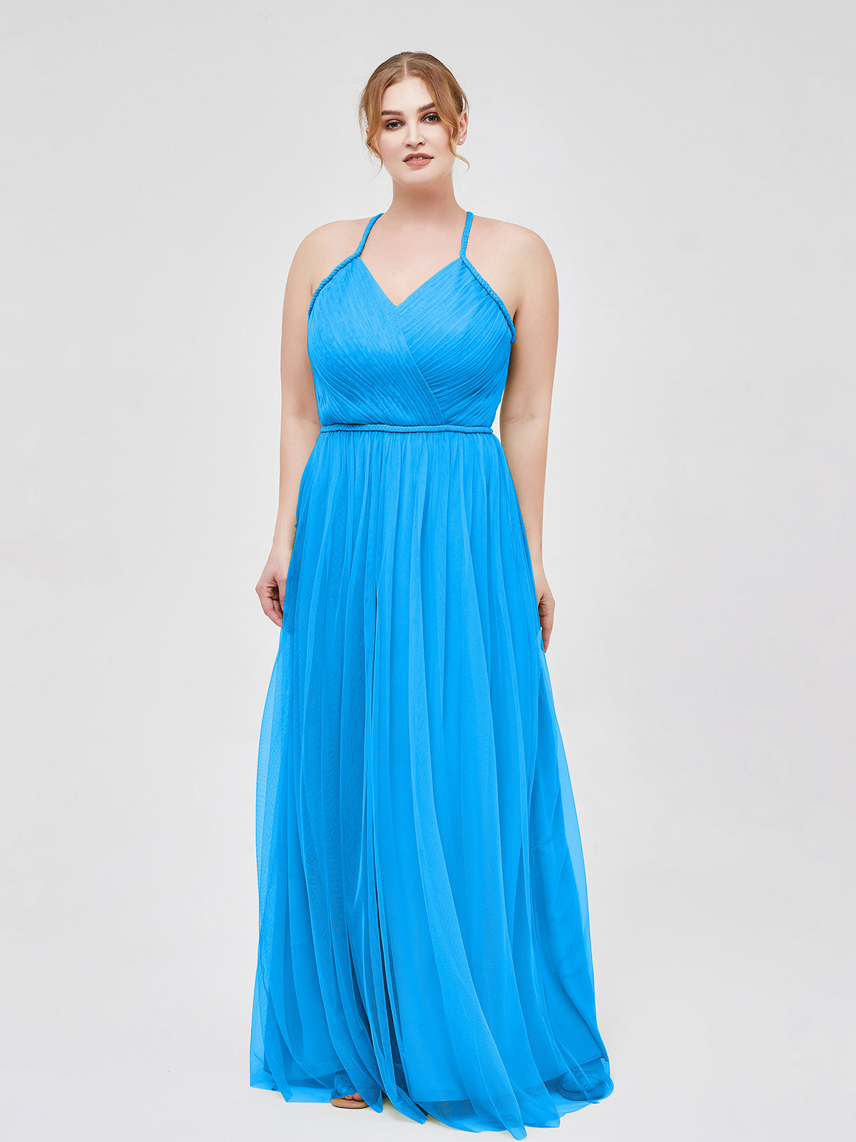 BABARONI Tulle Ocean Blue Bridesmaid Dresses V-neck Floor-length ...