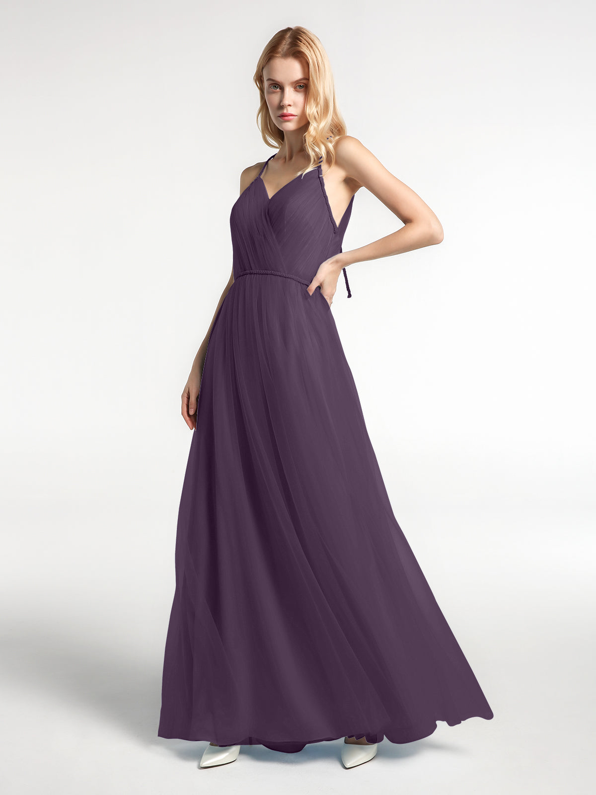 BABARONI Tulle Plum Bridesmaid Dresses V-neck Floor-length Spaghetti ...